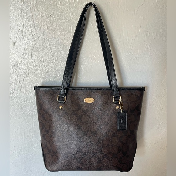 Coach | Bags | Coach Signature Zip Top Tote Brown Black Canvas Leather ...